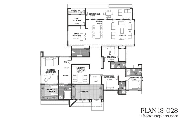 Split 4 Bedrooms House Design 13-028 | AfroHousePlans.com