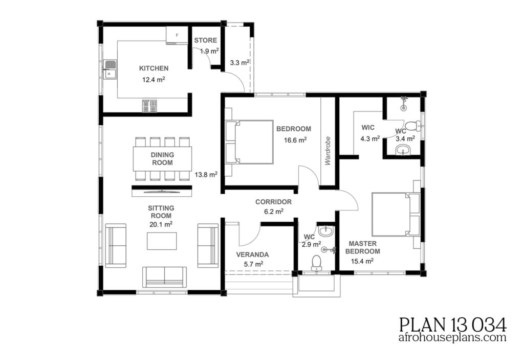 Simple 2 Bedroom House Plan 13034 | AfroHousePlans.com